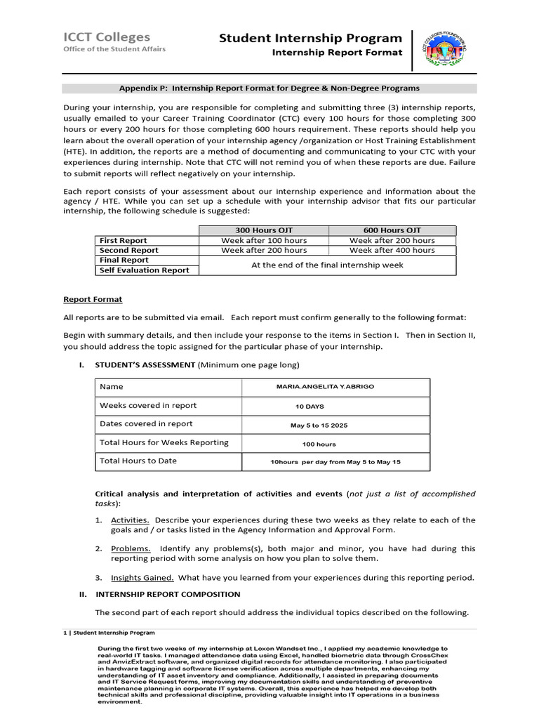 ICCT 2015 SIP Internship Report Format | PDF | Evaluation | Internship