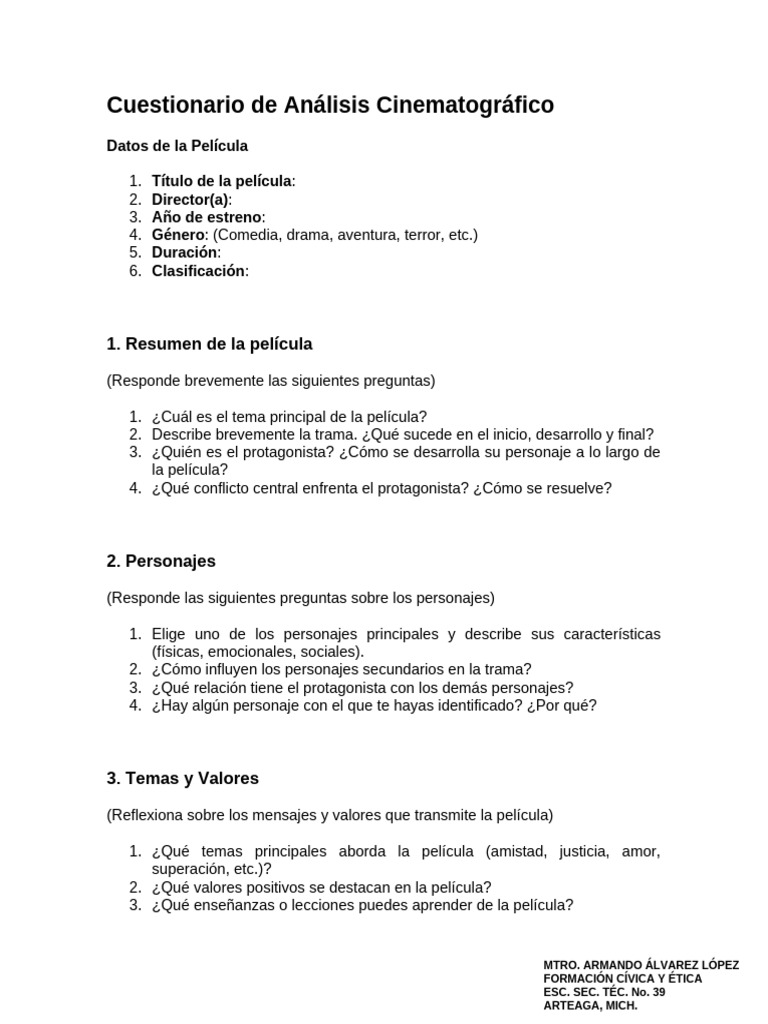 Cuestionario de Análisis Cinematográfico | PDF