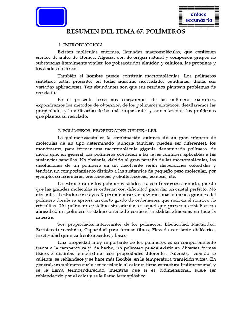 RESUMEN T67 | PDF | Polímeros | Proteínas