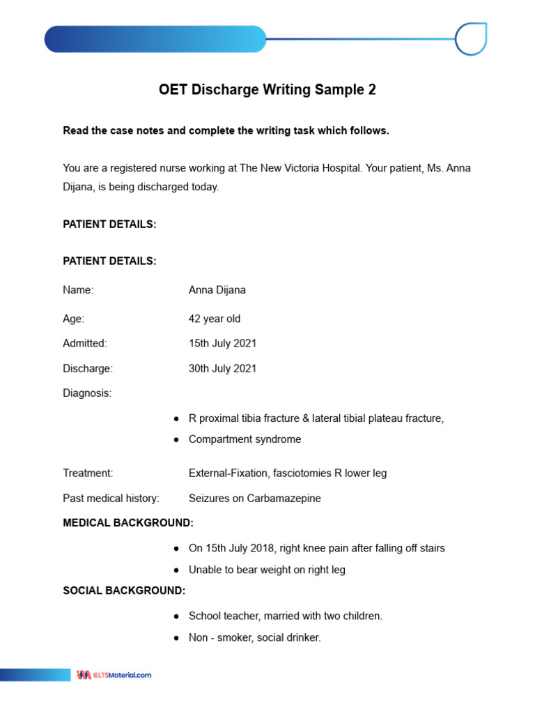 OET Discharge Writing Sample 2-1 | PDF | Wound | Medicine