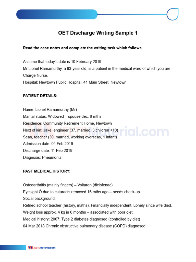 OET Discharge Letter Sample for Nurses | PDF | Health Care | Social ...