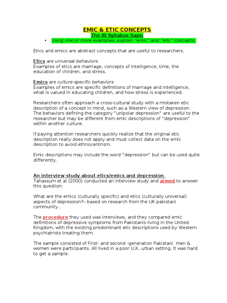 Emics & Etics | PDF | Mental Disorder | Major Depressive Disorder