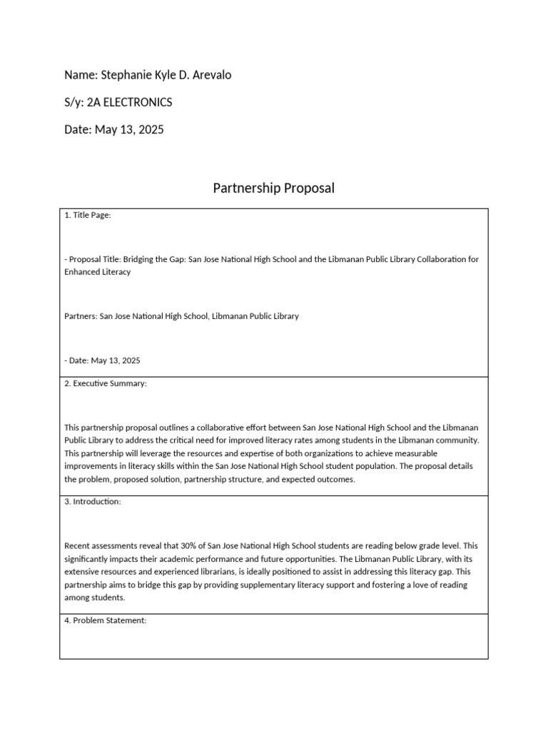 Partnership Proposal - Arevalo Stephanie Kyle | PDF | Literacy | Libraries