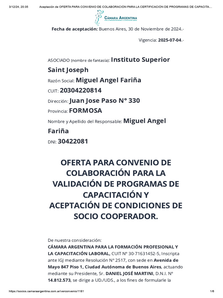 Aceptación de Oferta para Convenio de Colaboración para La Certificación de Programas de ...