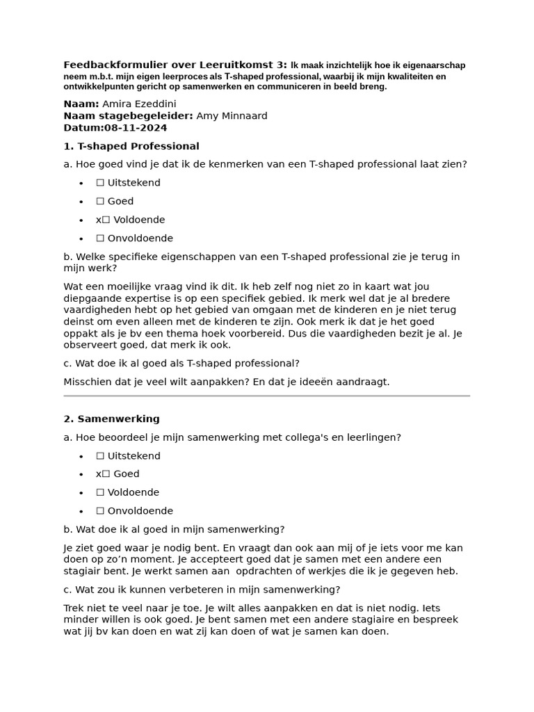 Feedbackformulier Over Leeruitkomst 3 | PDF