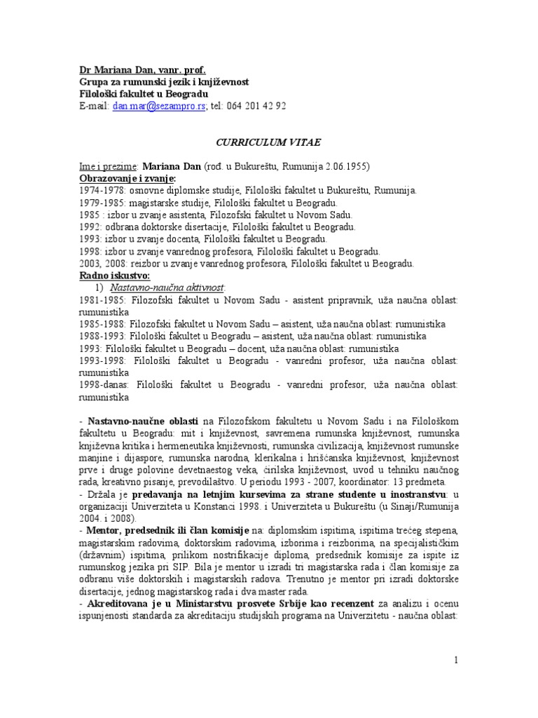Curriculum Vitae Dr. Mariana Dan | PDF