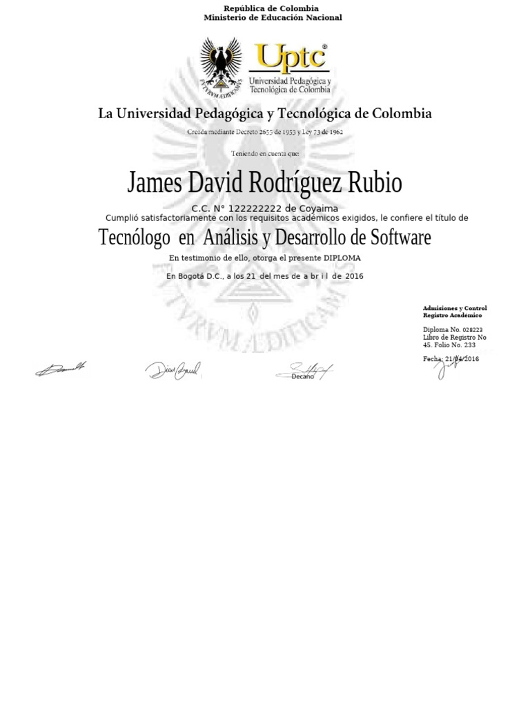 Diploma-de-la-UPTC - Tecnol. Software JAMES | PDF