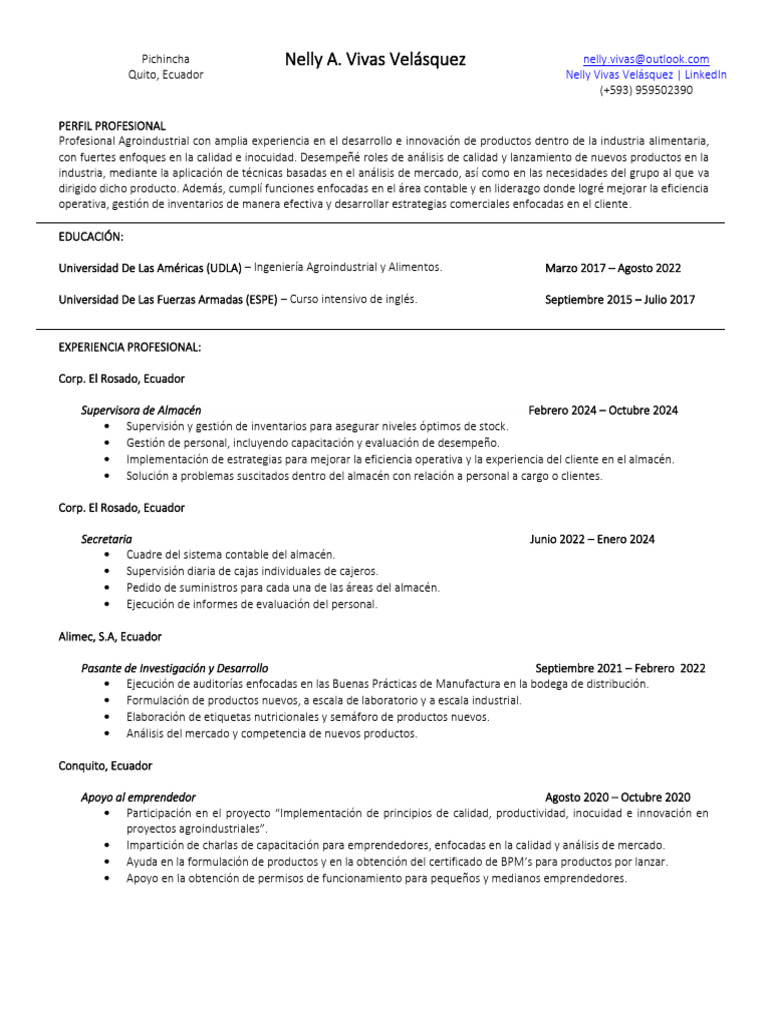 CV - Nelly Vivas Velásquez | PDF | Ecuador | Calidad (comercial)