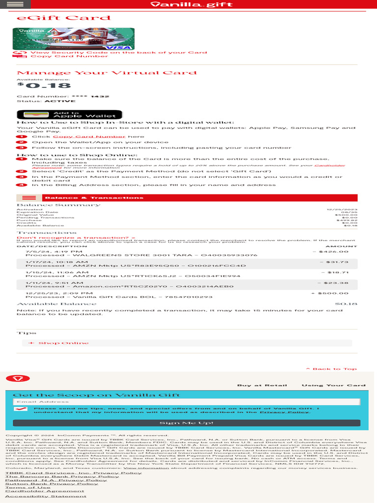 Manage Your Vanilla Gift Card Online | PDF | Credit Card | Visa Inc.