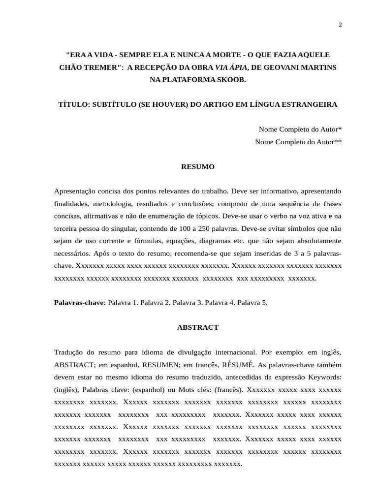 template_artigo_cientifico_word_atual-15-06-2022 | PDF | Abstract (resumo) | Estética