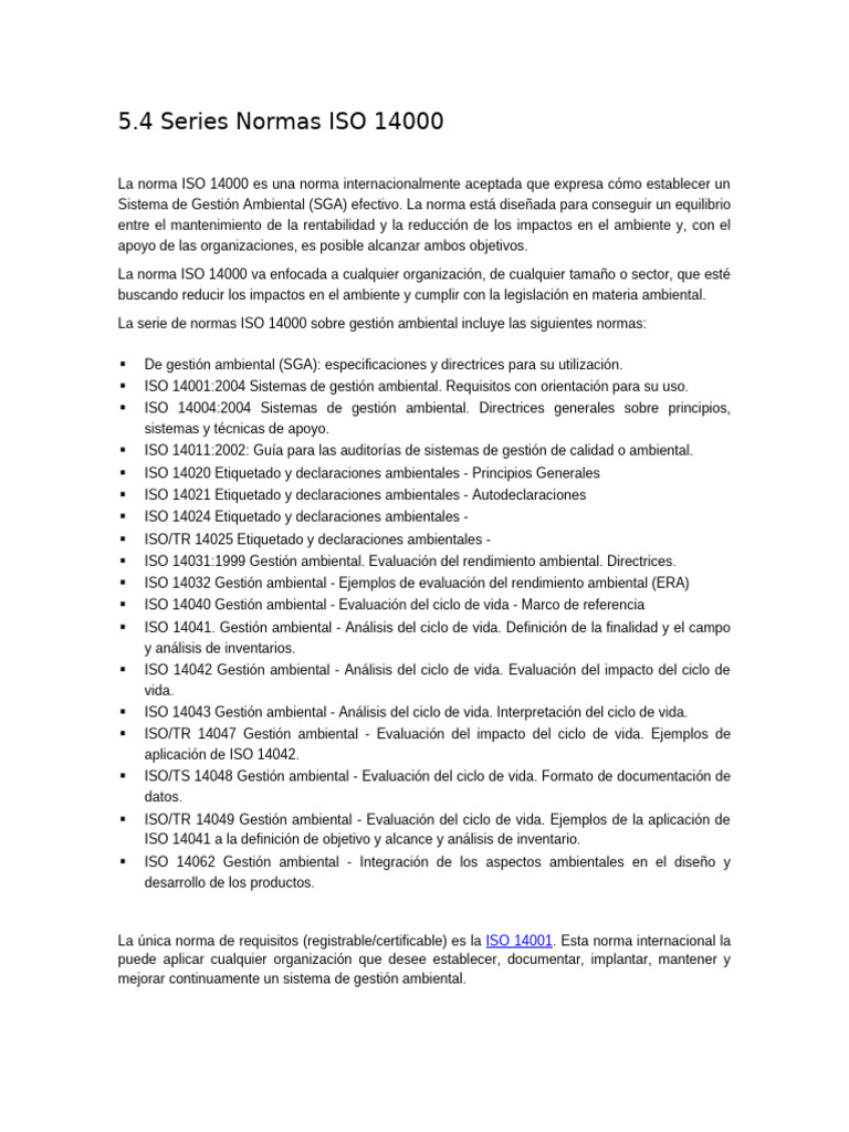 5.4 Series Normas ISO 14000 | PDF | Evaluación del ciclo de vida | Medicina