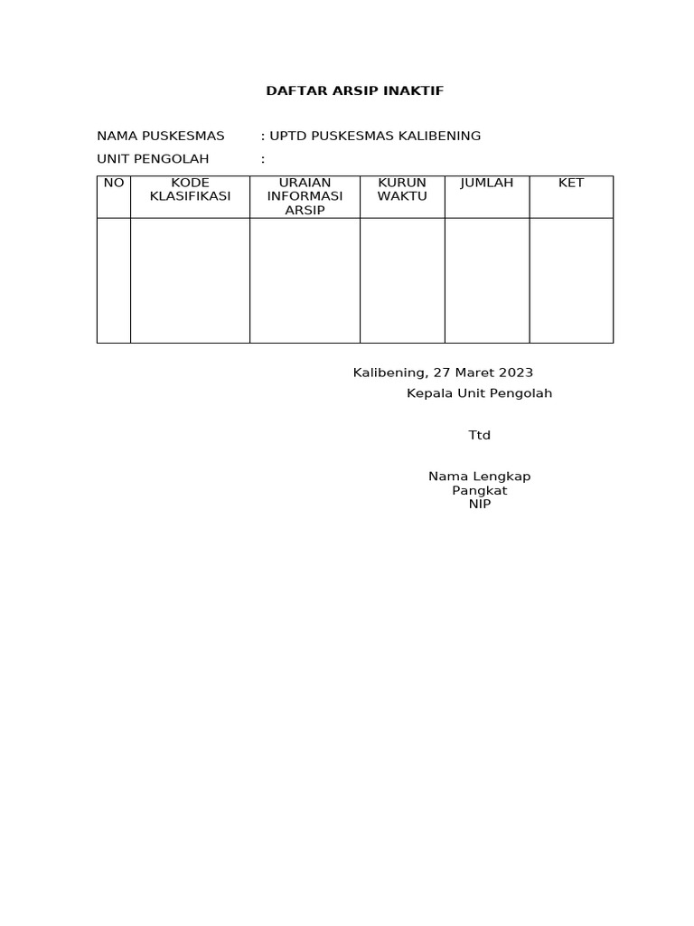 Master Daftar Arsip Inaktif Unit Pengolah | PDF