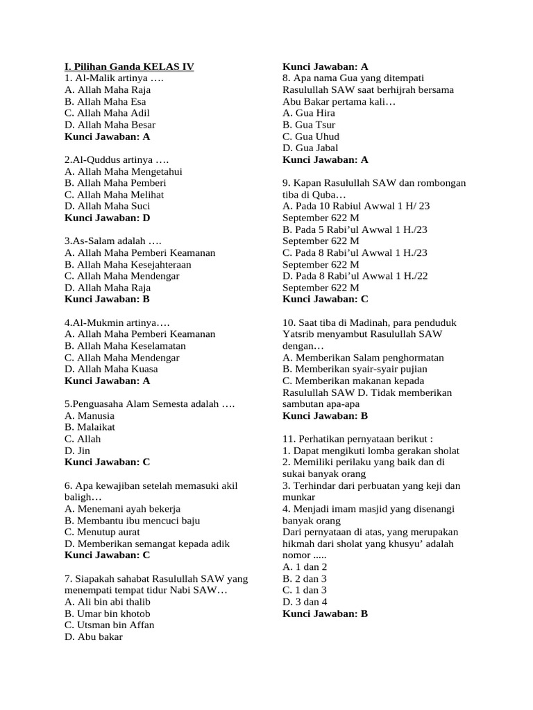 SOAL PILIHAN GANDA KELAS 4 MADRSAH | PDF