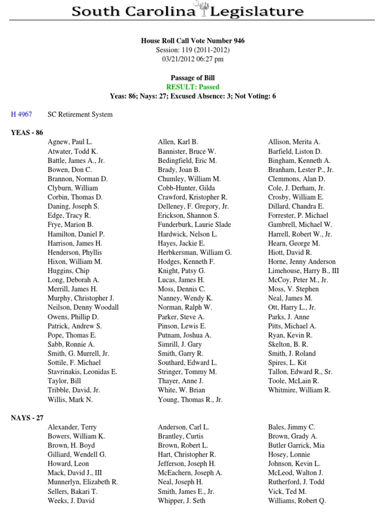 SC House Vote On State Retirement Changes | PDF