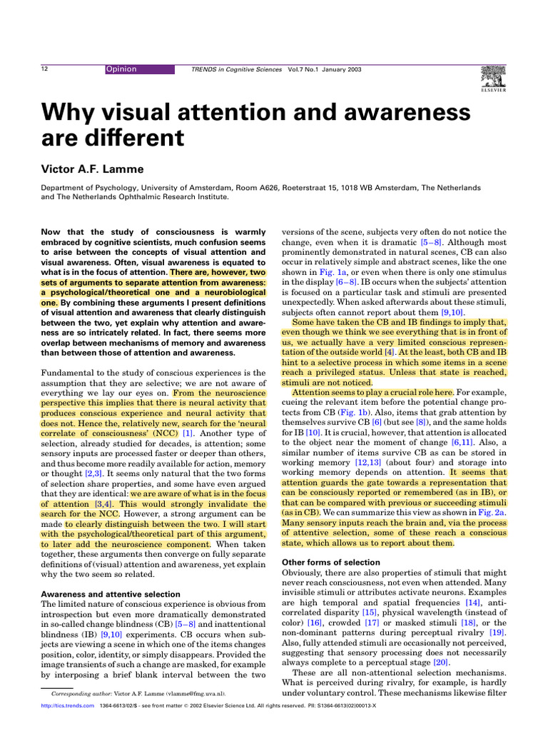 Lamme, V. (2003) Why Visual Attention and Awareness Are Different | PDF | Attention | Visual Cortex
