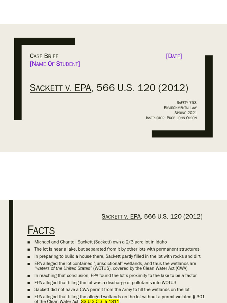 Sample Case Brief - Sackett v. EPA, 566 U.S. 120 2012 | PDF | Clean ...