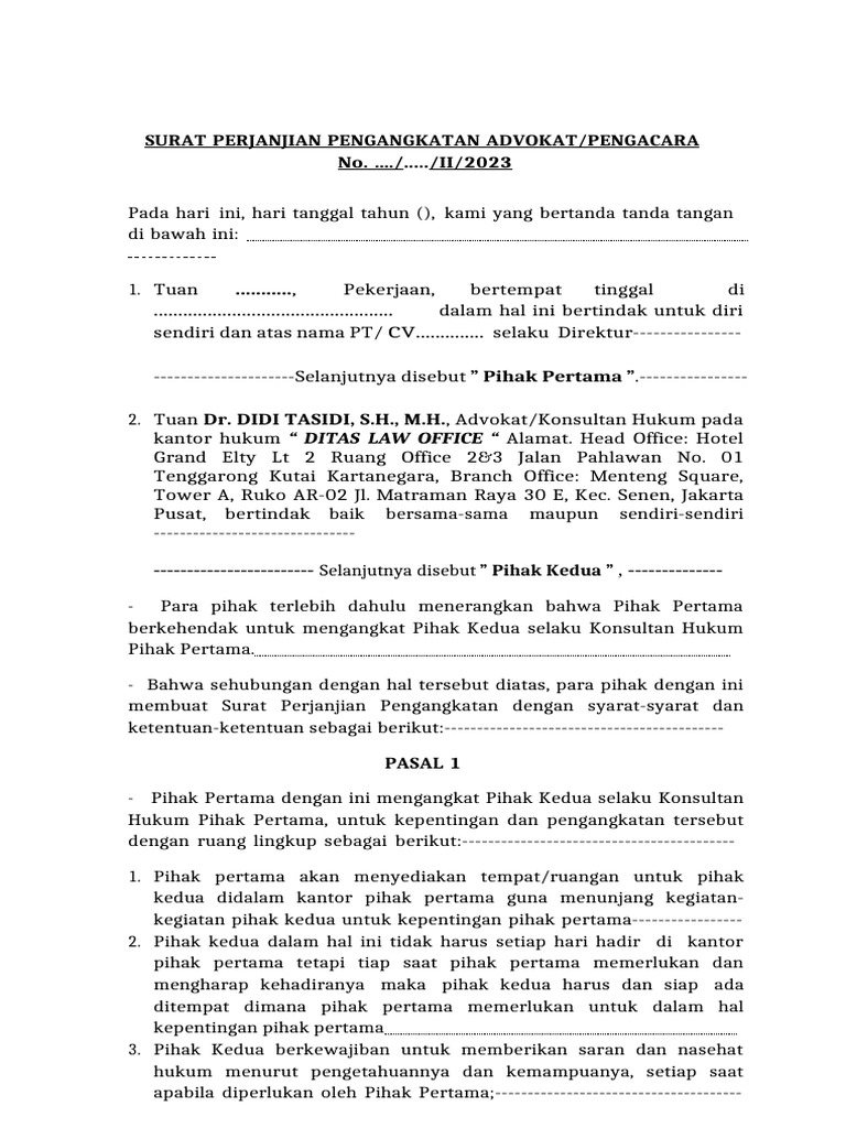 Template Perjanjian Pengangkatan Ditas Law Office | PDF
