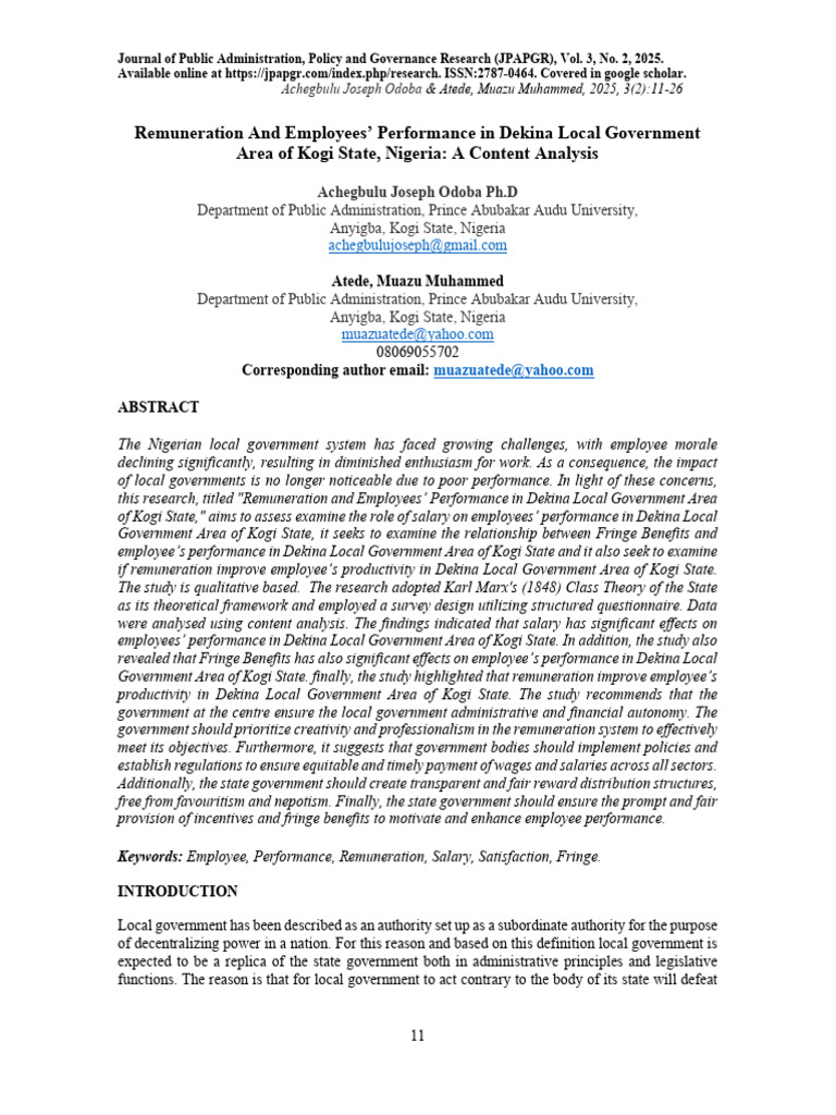 Remuneration and Employees' Performance in Dekina Local Government Area of Kogi State, Nigeria ...
