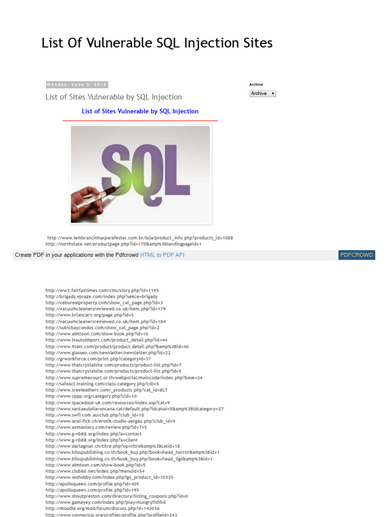 List of Vulnerable SQL Injection Sites | PDF | Security Hacker | Secure ... List of Vulnerable SQL Injection Sites | PDF | Security Hacker | Secure ...