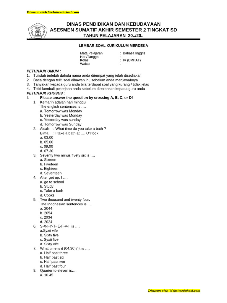 SAS 2 Kelas IV - Bhs Inggris | PDF