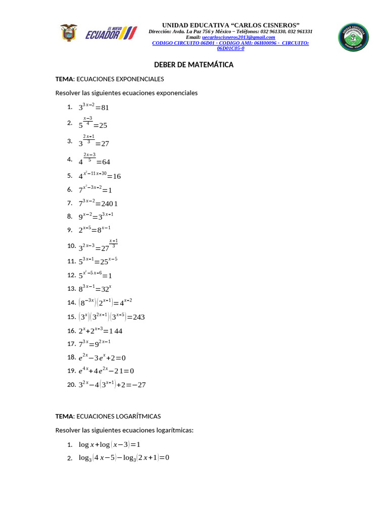Deber de Matemática Ecuac Expo y Log | PDF | Ajedrez