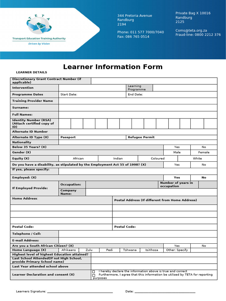 Learner Information Form Template | PDF