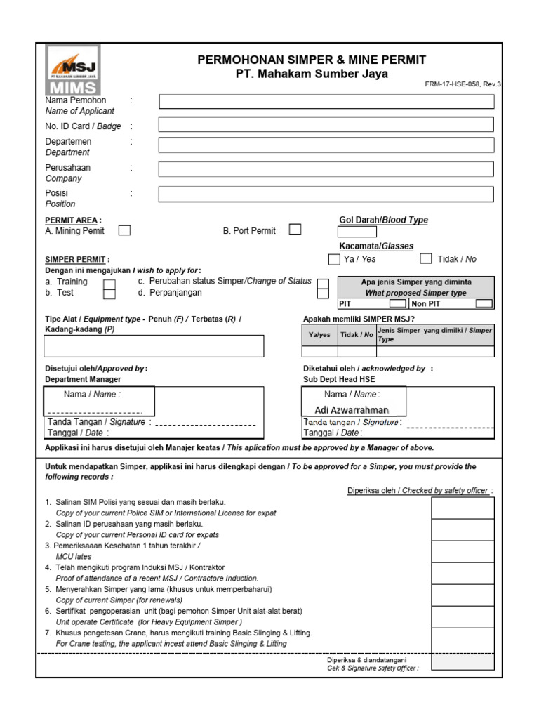 FRM-17-HSE-058 - Form Permohonan Simper & Mine Permit Kontraktor - Rev ...