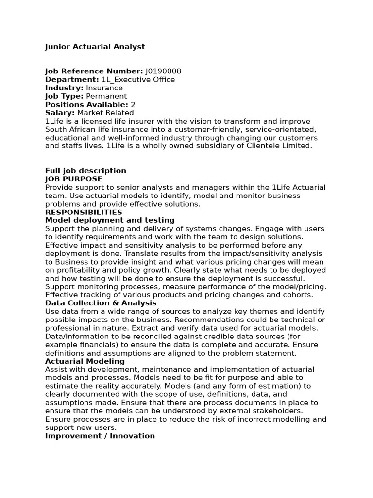 Junior Actuarial Analyst | PDF | Business | Data