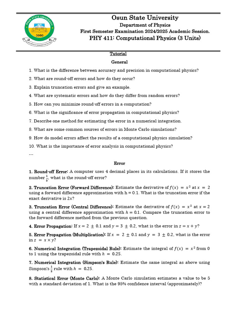 PHY411_20242025_1_Tutorial_Q | PDF | Interpolation | Finite Difference
