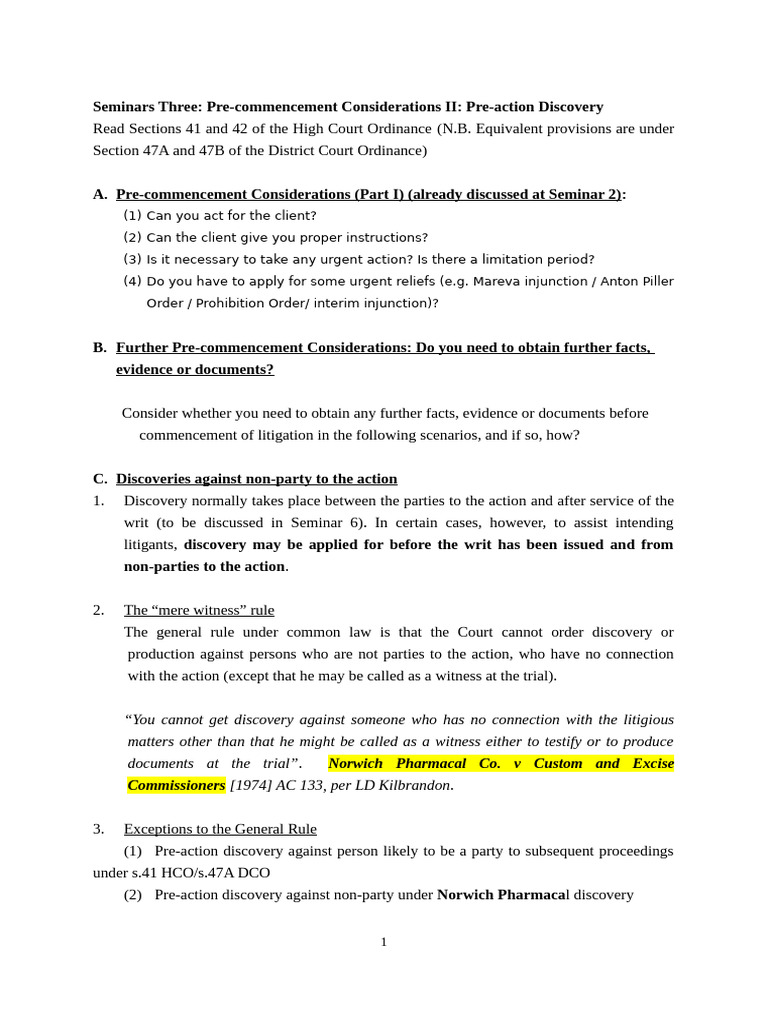 Civ Pro HKU Outline (Pre-Commencement Considerations II Pre - Action ...