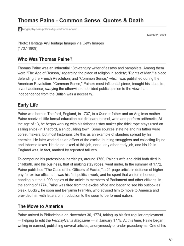 Thomas Paine - Common Sense Quotes Death | PDF | Thomas Paine | Common ...