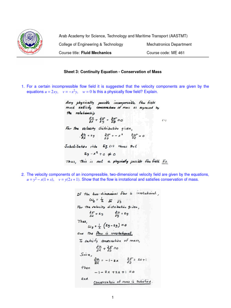 FM_AAST_Sheet_3_Continuity_A | PDF | Fluid Dynamics | Velocity