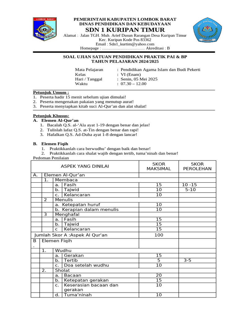 6. Soal USP Praktik PAI SD_2024-2025 | PDF