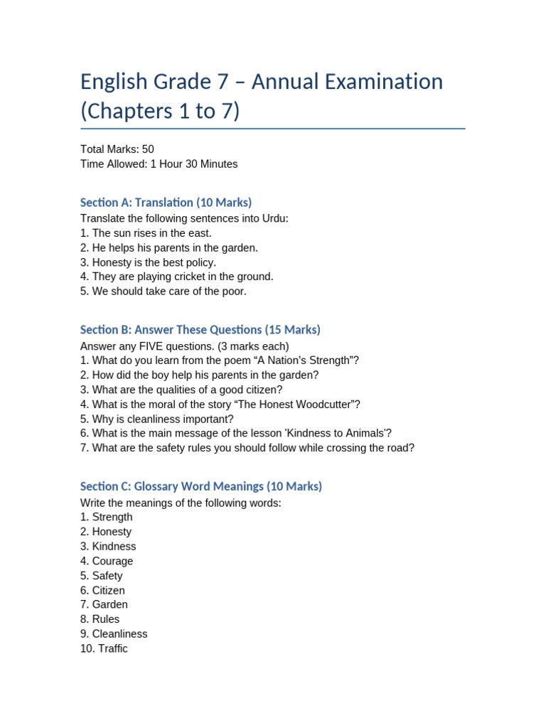 Grade 7 English Paper Ch1 To 6 | PDF