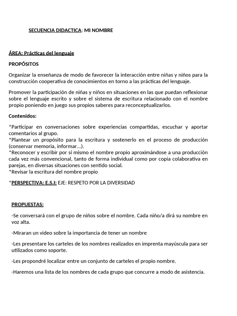 Secuencia Didáctica: Mi Nombre en Clase | PDF