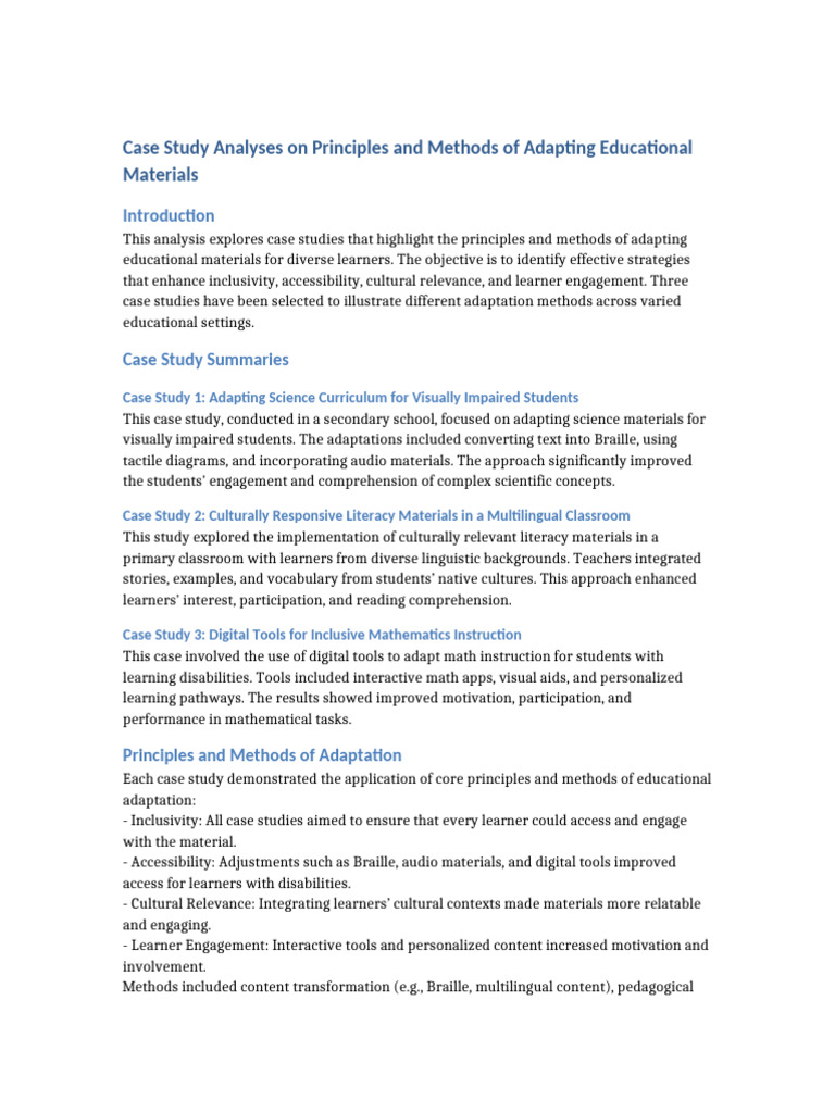 Case Study Analysis Educational Adaptation | PDF | Learning | Reading ...