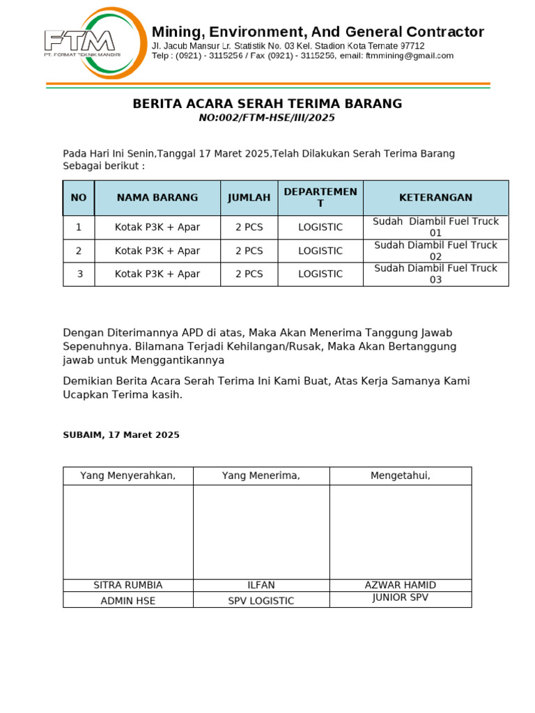 Berita Acara Serah Terima Barang | PDF