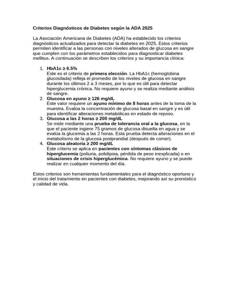 Criterios Diagnósticos de Diabetes Según La ADA 2025 | PDF | Diabetes ...