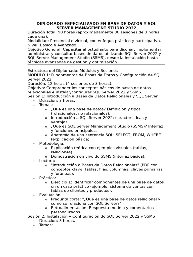 Diplomado Especializado en Base de Datos y SQL Server Management Studio 2022 | PDF | SQL ...