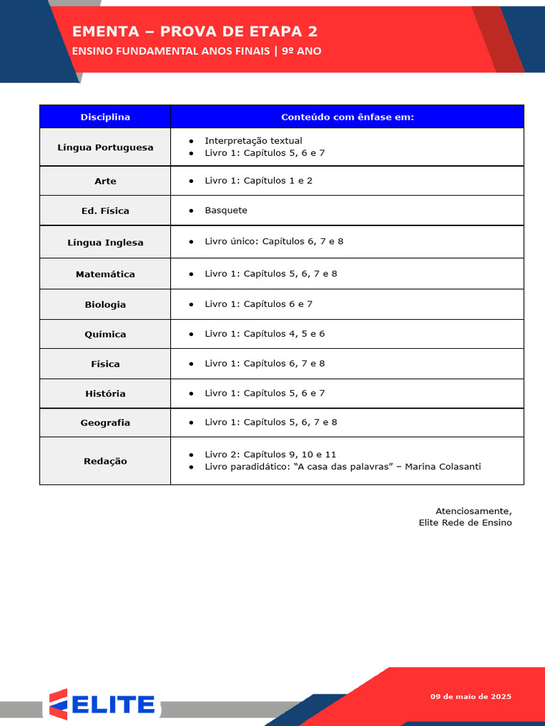 Ementa P2 - 9º Ano | PDF