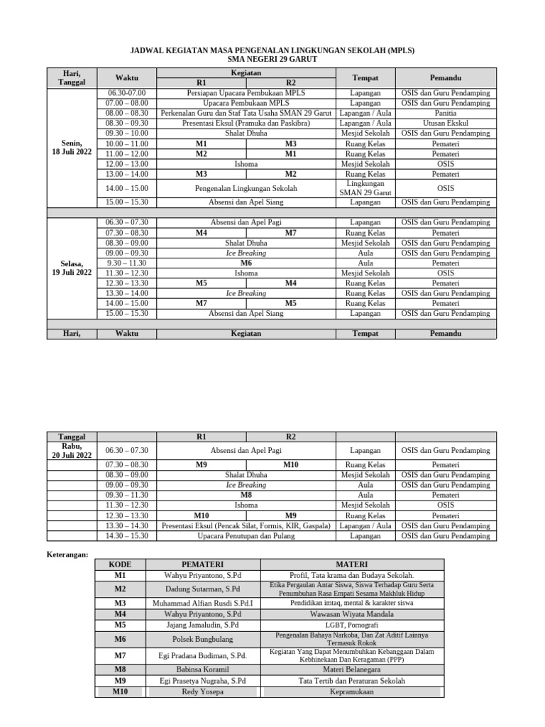 Jadwal Kegiatan MPLS 2022 lhkh | PDF
