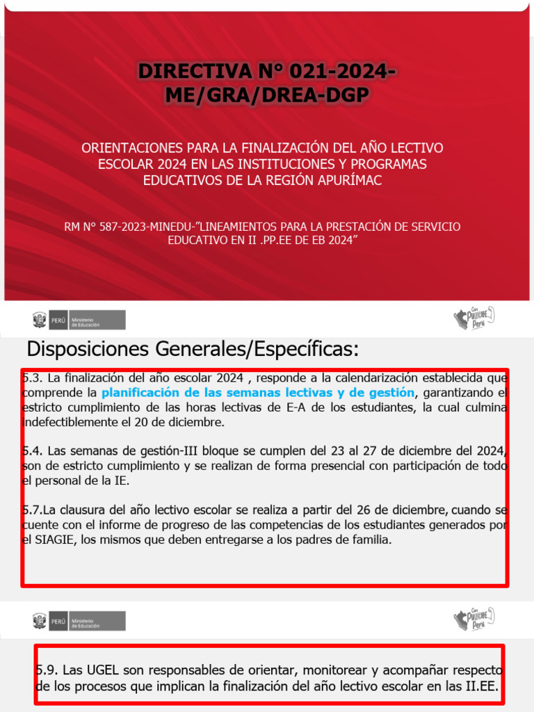 Directiva Regional Finalización Del Año Escolar 2024 | PDF