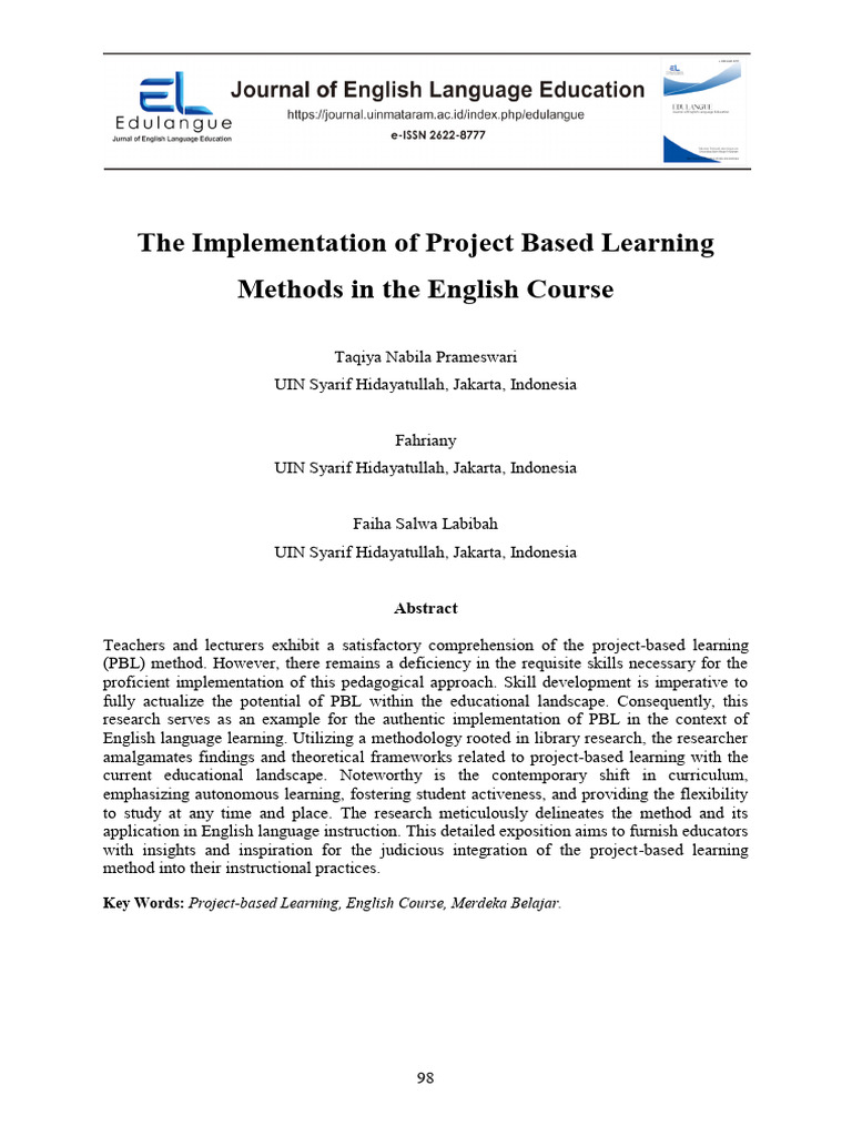 The Implementation of Project Based Learning Methods in The English Course | PDF | Project Based ...