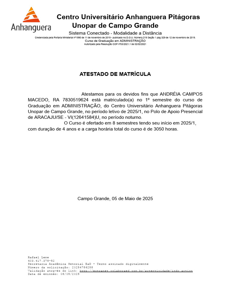 Anhanguera Campo Grande SERGIPE ANDREIA | PDF