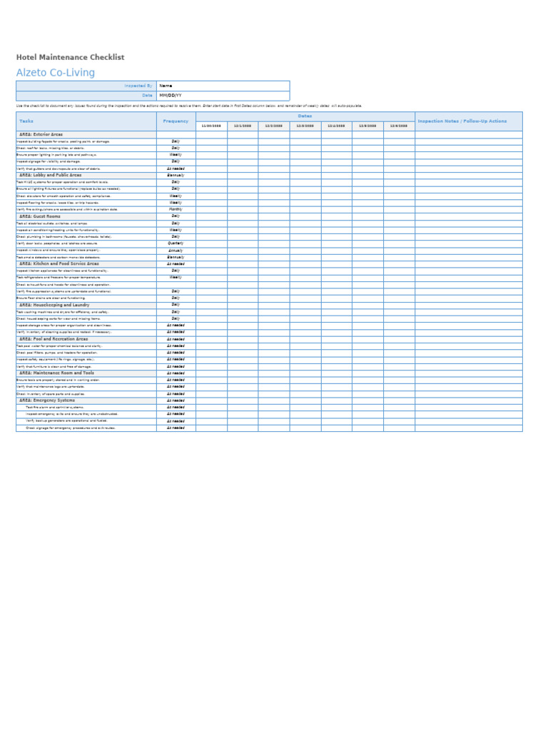 IC Hotel Maintenance Checklist Template 12304 | PDF | Housekeeping ...
