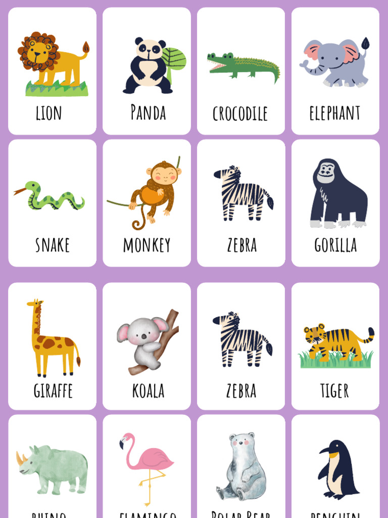 Zoo Animals Kindergarten Flashcards in Purple Illustrated Style | PDF