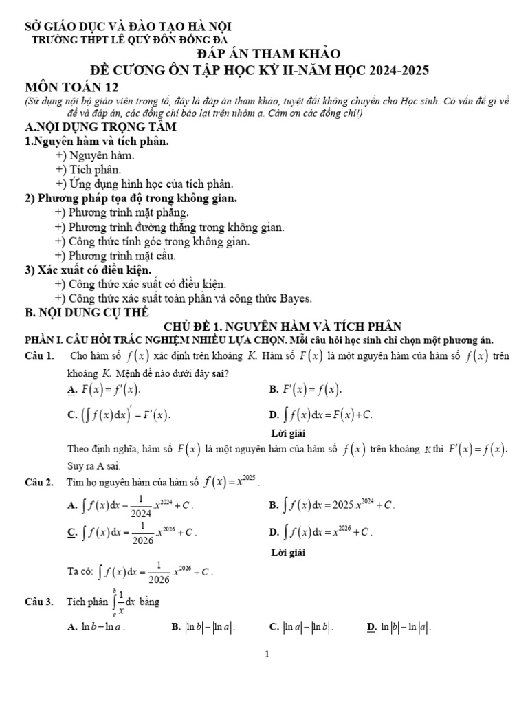 Đáp Án Đề Cương Toán hk2 | PDF