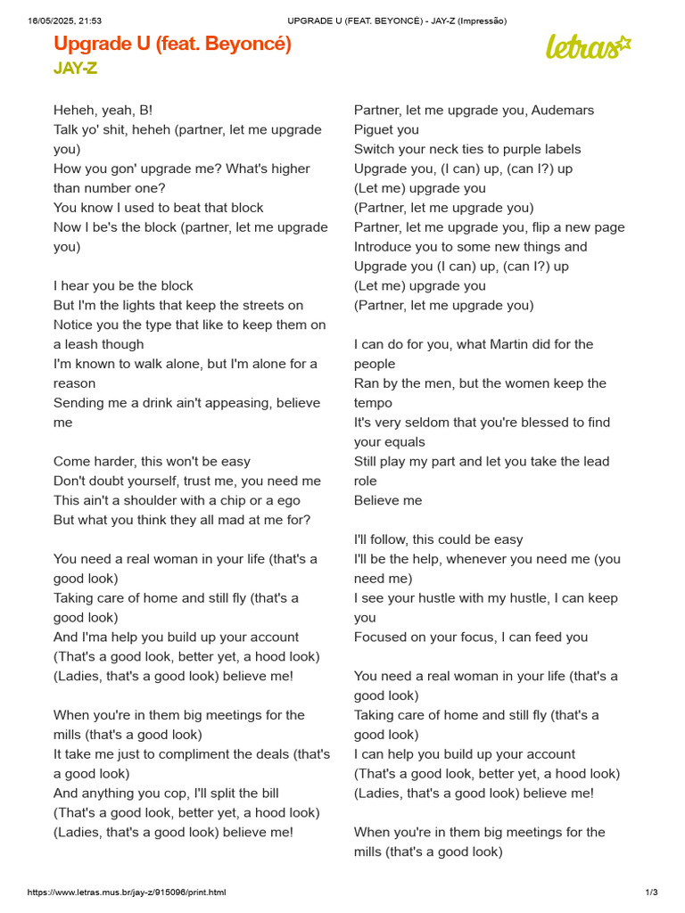 Upgrade U (Feat. Beyoncé) - Jay-Z | PDF | American Pop Songs | Music Videos