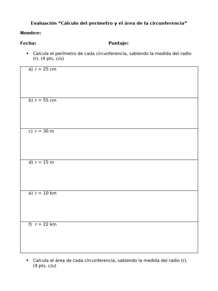 Cálculo de perímetro y área de circunferencias | PDF