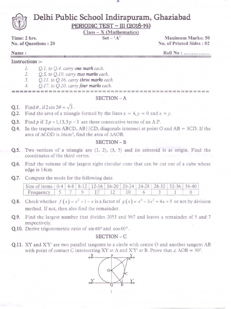 Class10 Maths SA2 PT3 DPS Ind 2018-19 | PDF